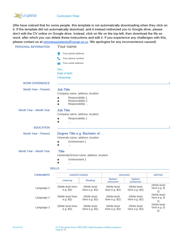 Europass CV Template | PDF | Human Communication