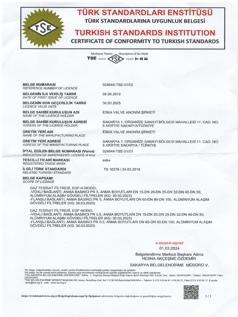 Eska Fi̇ltre TS 10276 Tse Belgesi̇ - 30.03.2025 | PDF