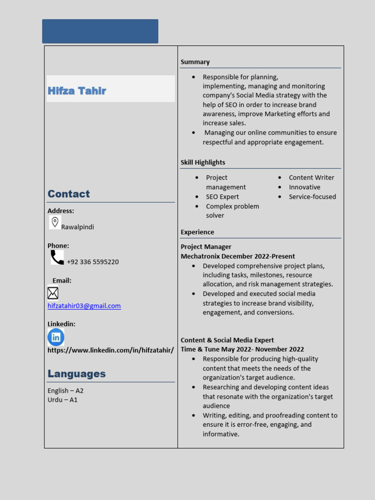Hifza Tahir CV | PDF | Software | Software Engineering