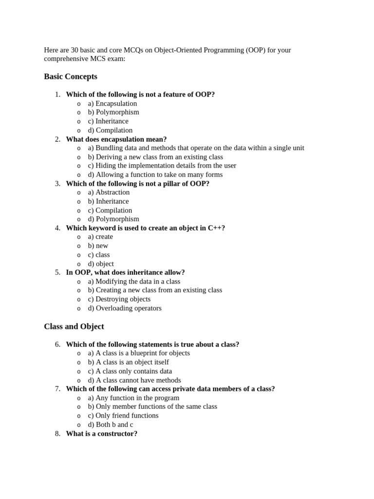 30 Basic and Core MCQs On OOP | PDF | Class (Computer Programming) | Method (Computer Programming)