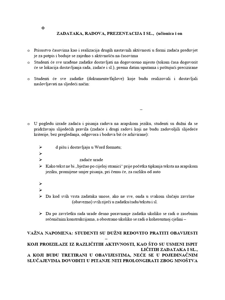 A-Smjernice I Uputstva Za Pripremu, Izradu I Dostavljanje Zadataka, Radova, Prezentacija I Sl. | PDF