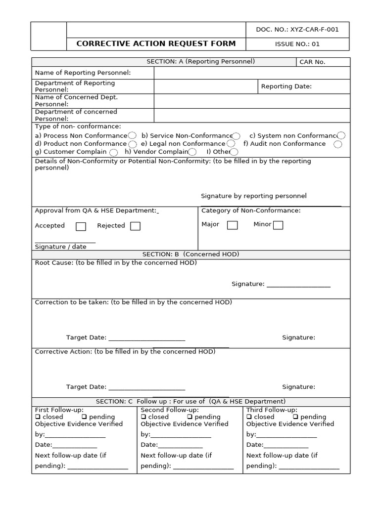 1- Corrective Action Request Form | PDF | Systems Analysis