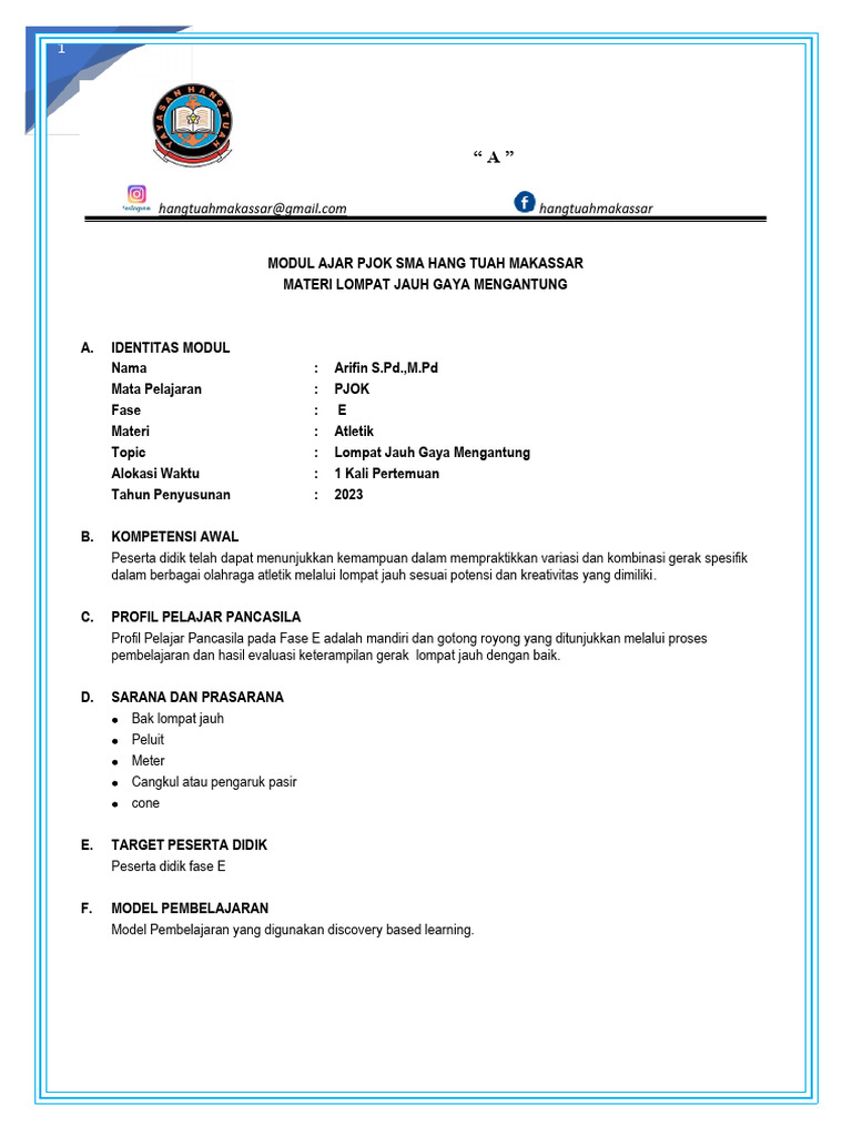 Modul Ajar Pjok Sma Hang Tuah Makassar Lompat Jauh | PDF