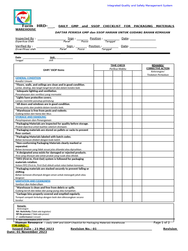 Checklist Harian GMP dan SSOP Gudang | PDF