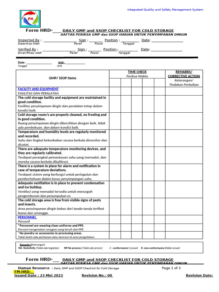 Checklist Harian GMP SSOP Cold Storage | PDF