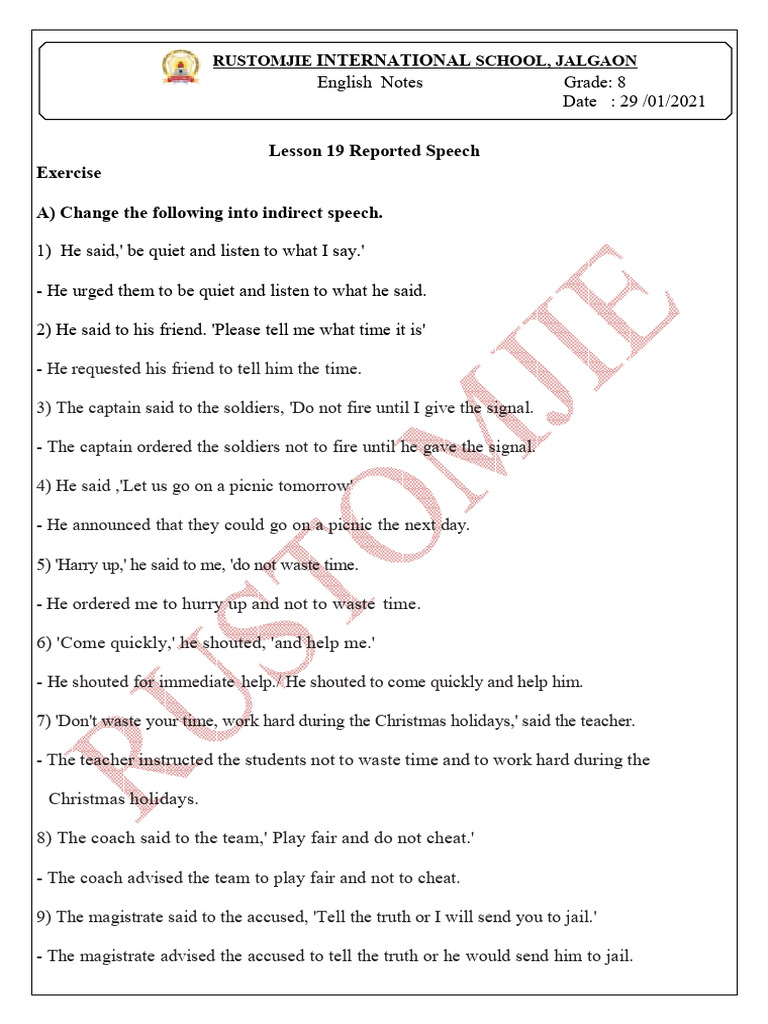 Term 2 - Grade 8 English Grammar Chapter 19 Reported Speech | PDF