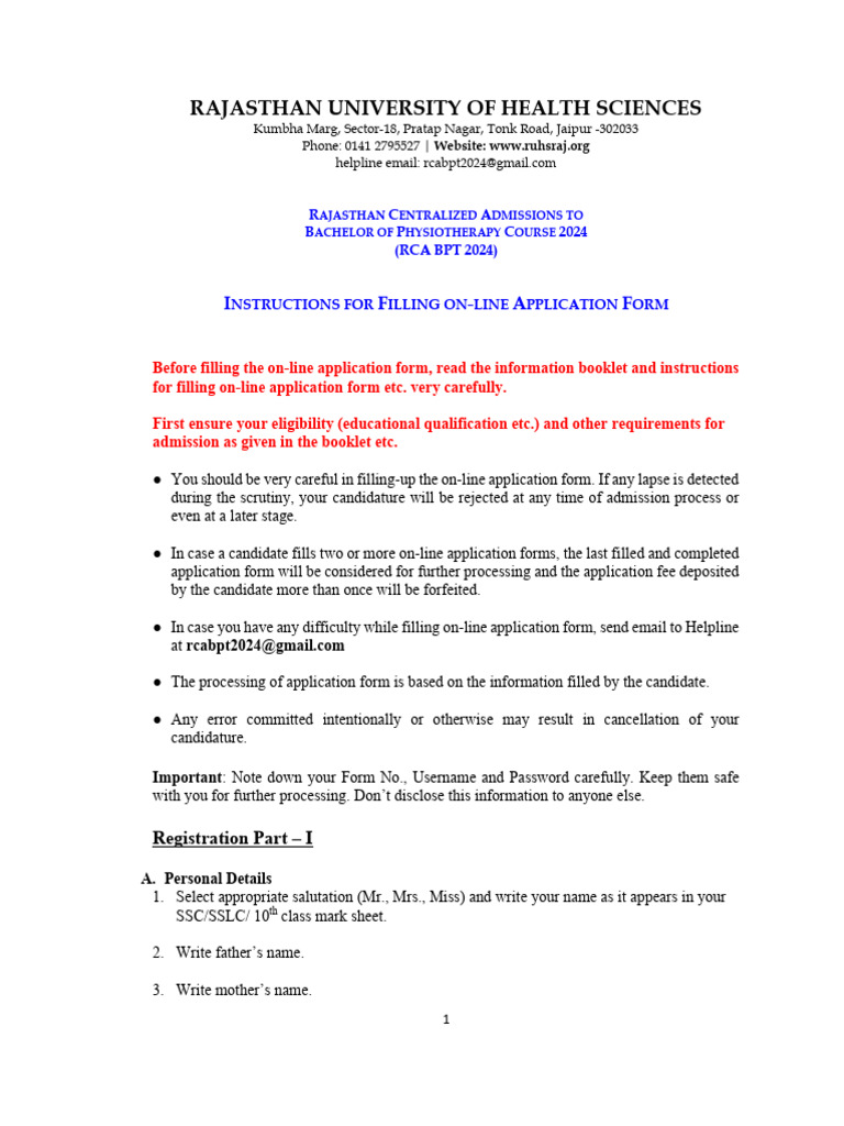 Instructions For Filling Application Form Physiotherapy 2024 | PDF ...