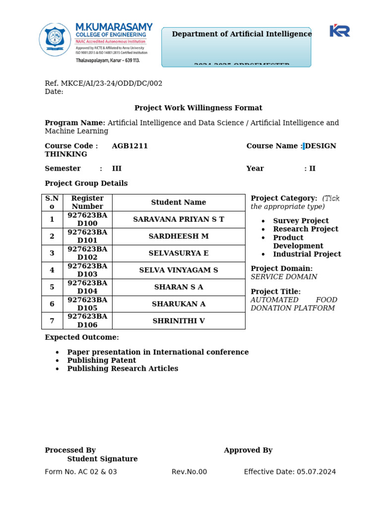 Project Work Willingness Format-DT LAB | PDF | Artificial Intelligence ...