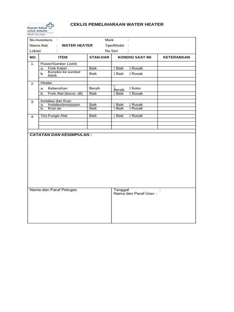 Ceklis Pemeliharaan Water Heater | PDF