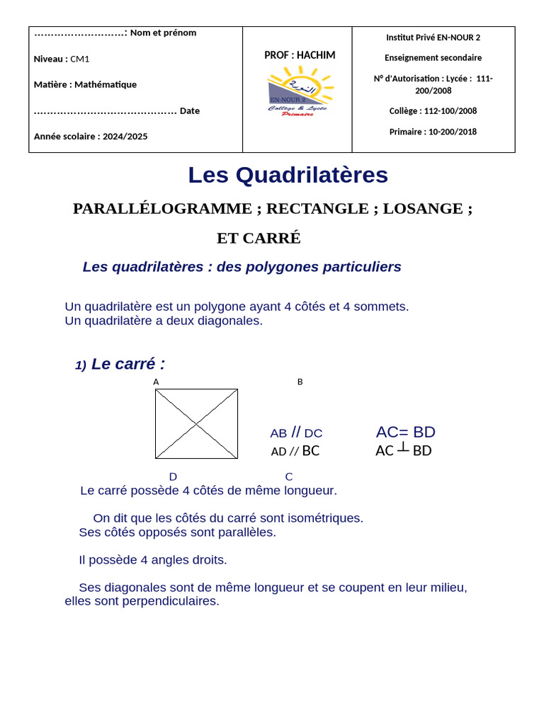 Les Quadrilatères en Mathématiques CM1 | PDF | Polygone | Rectangle