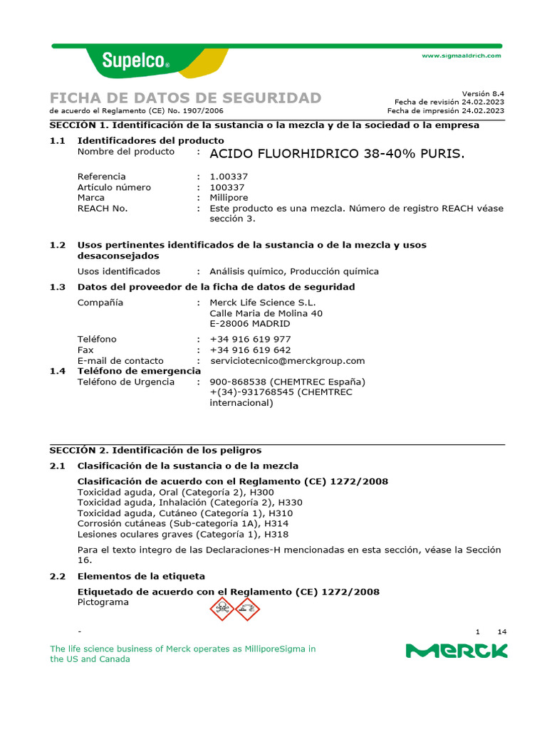 Ficha de Datos de Seguridad - Ácido Fluorhídrico 38-40 | PDF | Seguridad y salud ocupacional ...