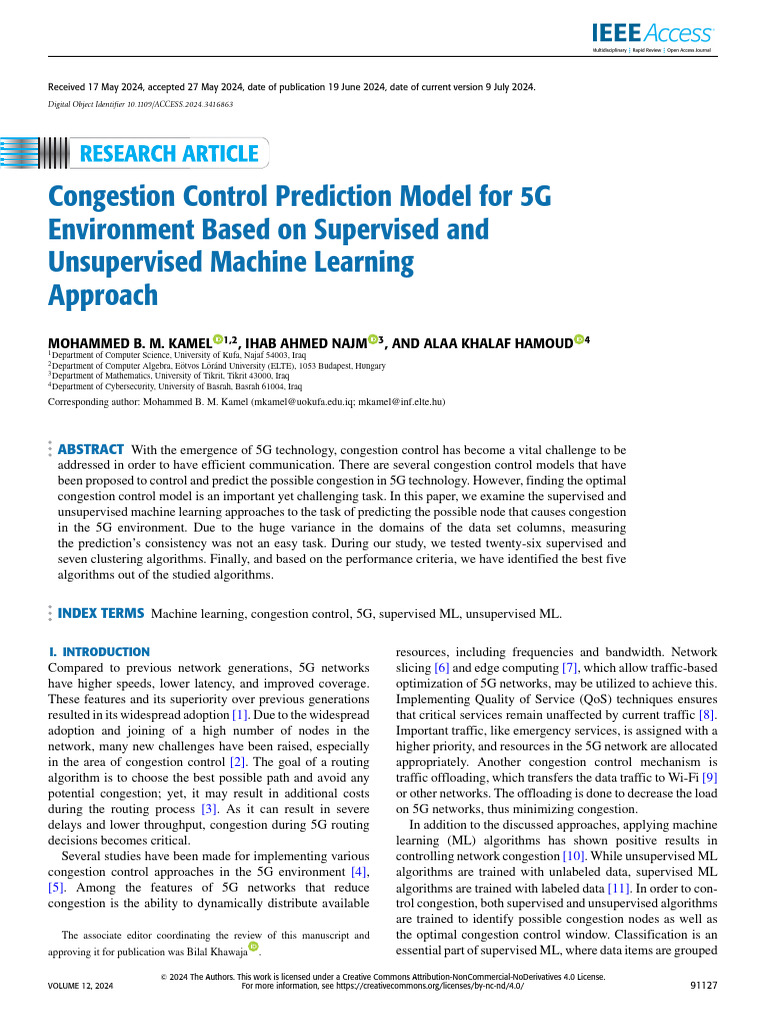 Congestion Control Prediction Model For 5G Environment Based On Supervised and Unsupervised ...