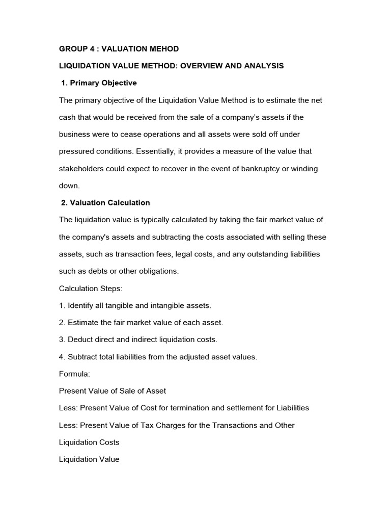 Liquidation Value Method Overview Pdf Valuation Finance