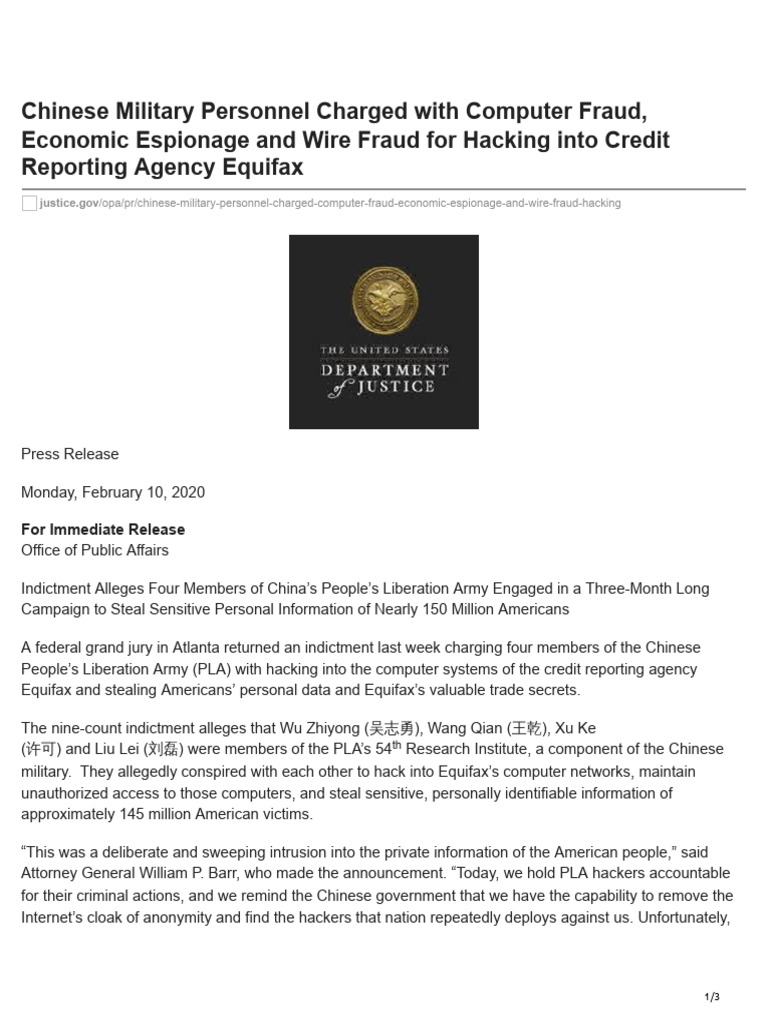 Chinese Military Personnel Charged With Computer Fraud Economic ...