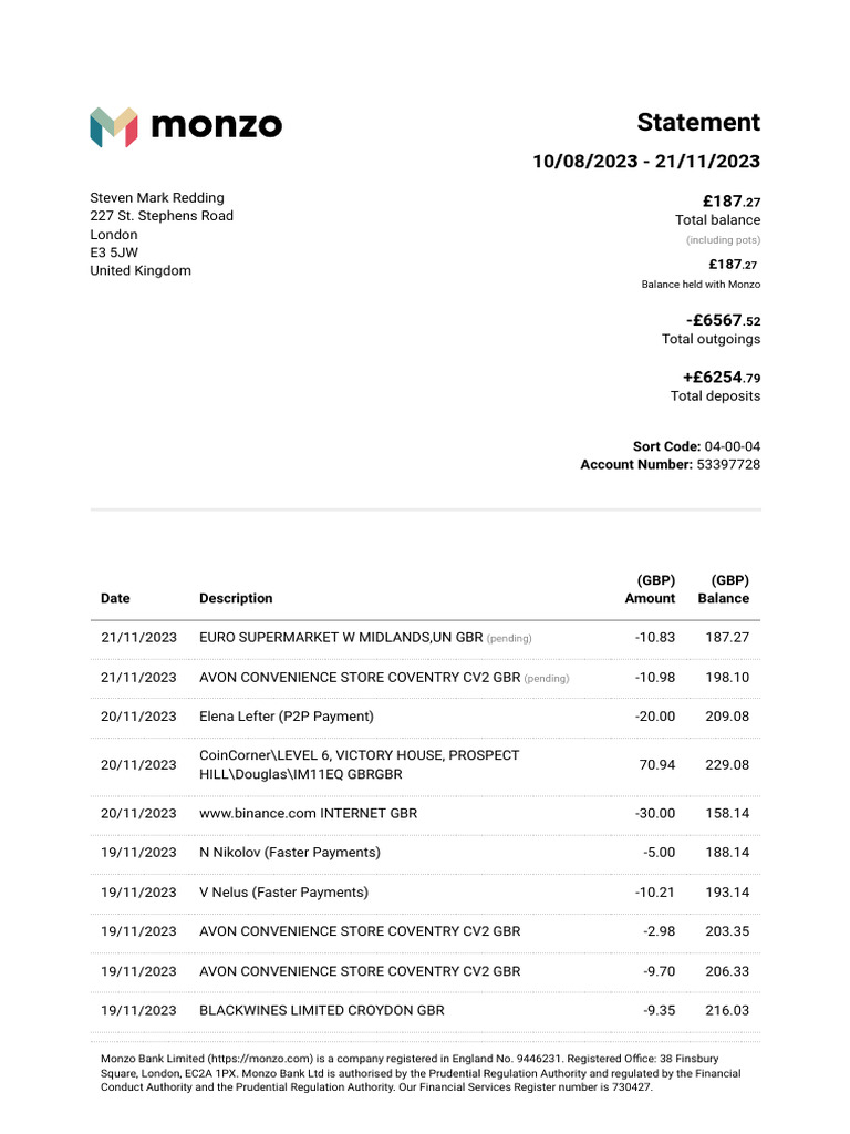 Monzo Bank Statement 2023 11 21 194732 | PDF | Service Industries | Payments
