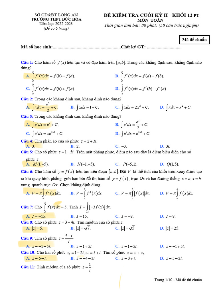 De Cuoi Ky 2 Toan 12 Nam 2022 2023 Truong THPT Duc Hoa Long An | PDF