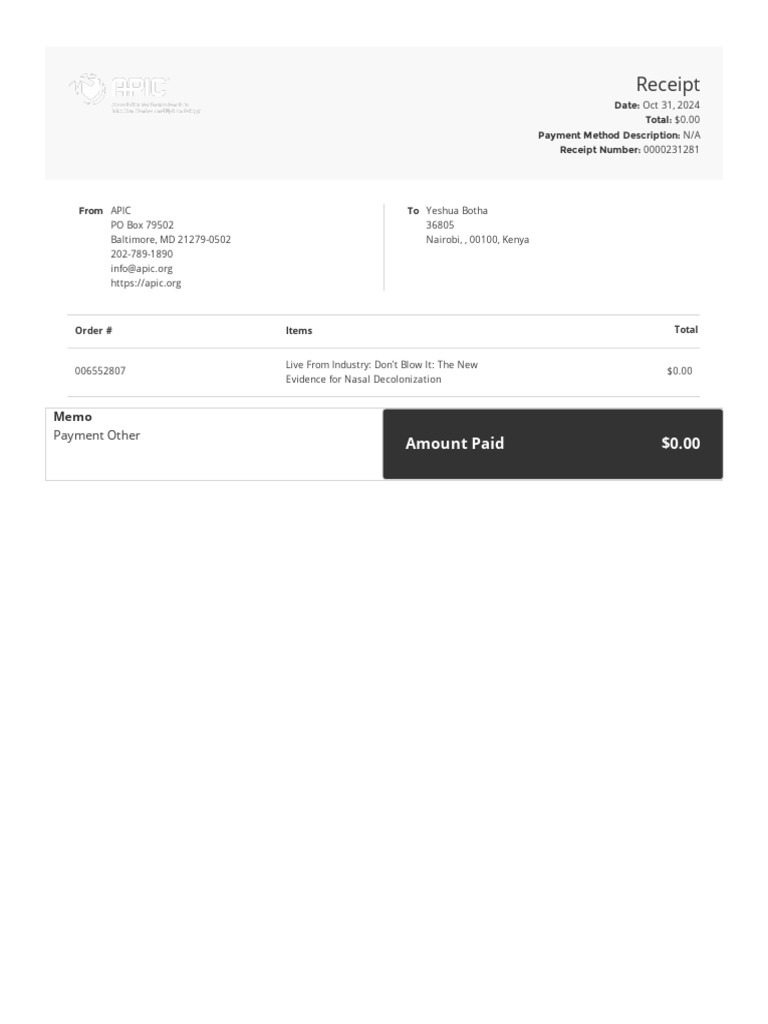 APIC Receipt for Nasal Decolonization | PDF | Market (Economics)