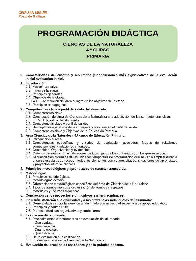 Programacion CCNN 4º | PDF | Educación primaria | Plan de estudios
