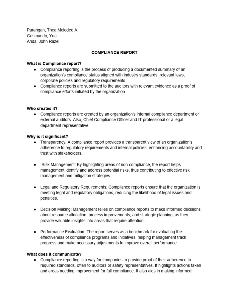 Compliance Report 1 | PDF | Regulatory Compliance | Audit