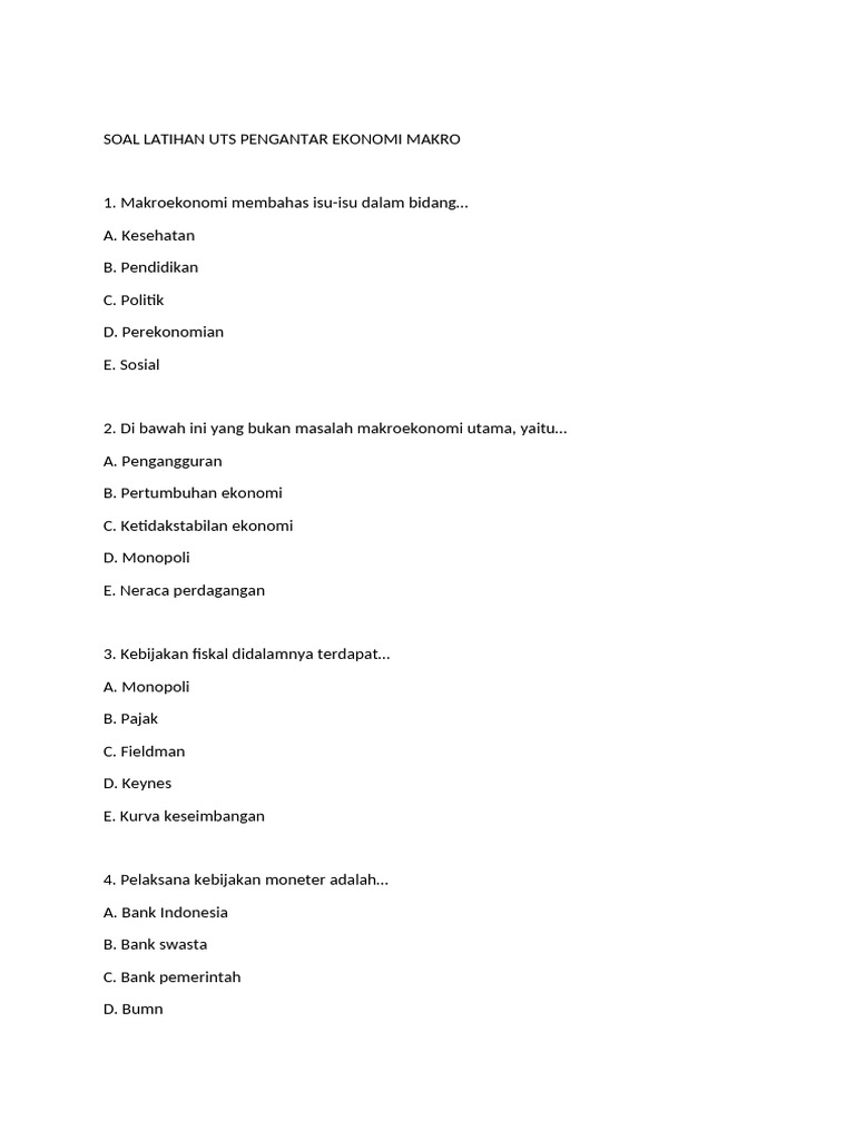 Soal Latihan Uts Pengantar Ekonomi Makro | PDF | Pengelolaan Keuangan & Uang