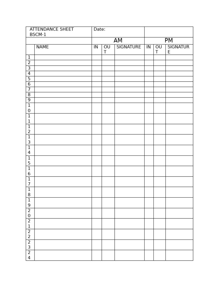 AM PM: Attendance Sheet BSCM-1 Date | PDF