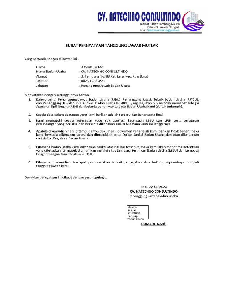 PERMOHONAN SBU CV. NATECHNO | PDF