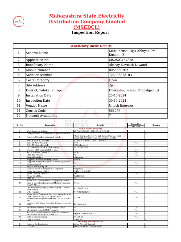 Solar Pump Inspection Report | PDF | Photovoltaic System | Solar Power