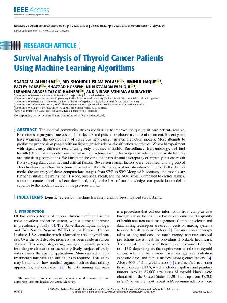 Survival Analysis Of Thyroid Cancer Patients Using Machine Learning Algorithms Pdf Receiver