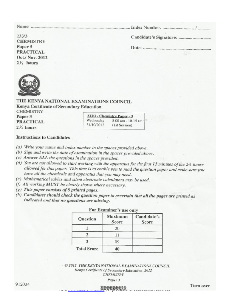2012 Kcse Chemistry Practical Paper 3 | PDF