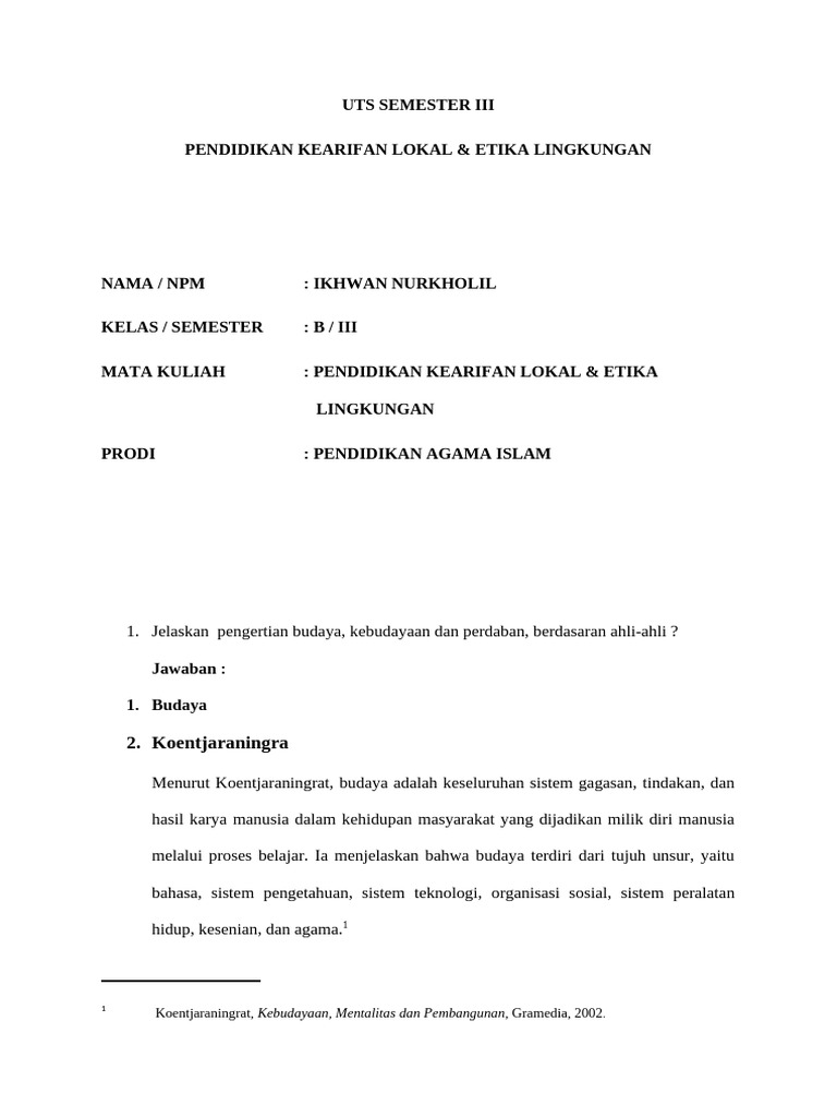 UTS SEMESTER III. Pendidikan Kearifan Lokal | PDF