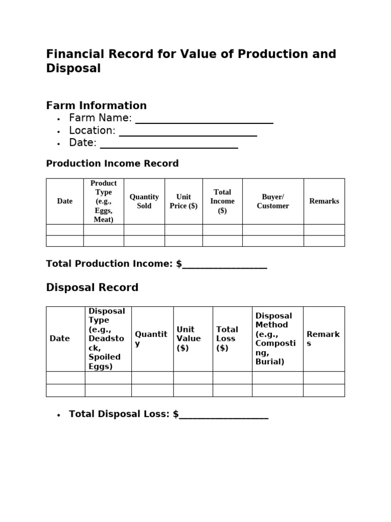 Financial Record For Value of Production and Disposal | PDF