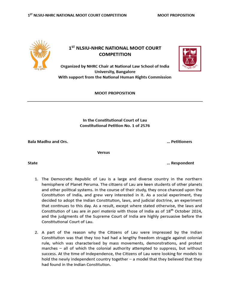 NLS NHRC National Level Moot - Problem | PDF | Crimes | Crime & Violence