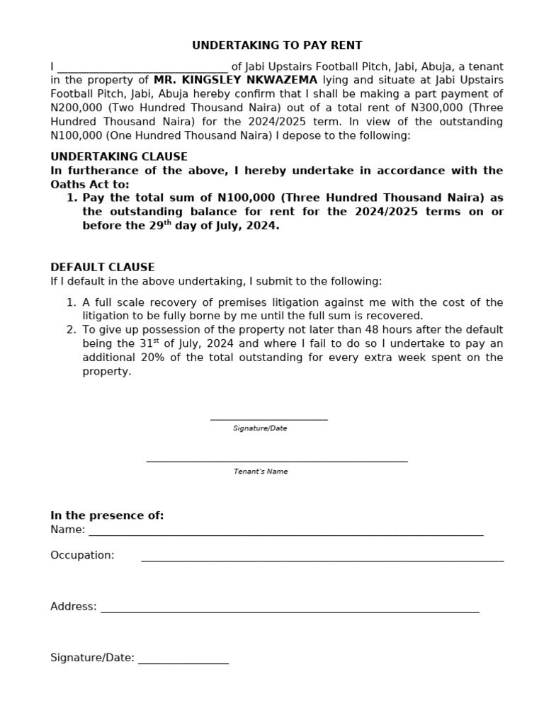 Undertaking To Pay Rent (MR Bassey) - 074652 | PDF | Finance & Money ...