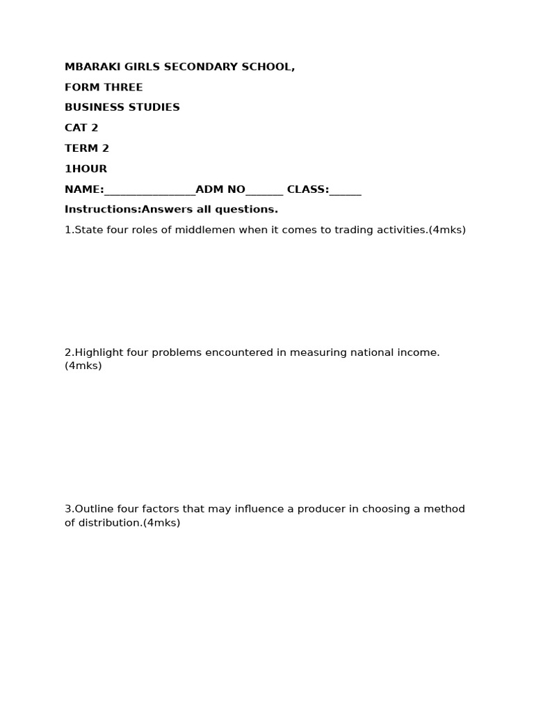 Mbaraki Girls Secondary School, Form Three Business Studies Cat 2 Term ...