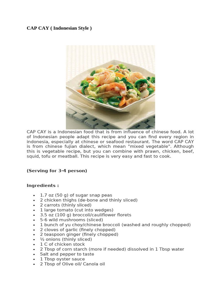 Indonesian Chicken Cap Cay Recipe | PDF | Lifestyle