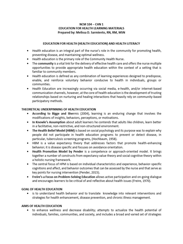 Education For Health Handout | PDF | Learning | Communication