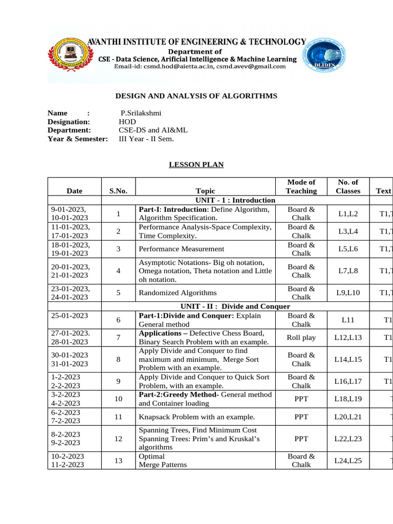 UPDATED-DAA LessonPlan-III-II DS, AI&ML | PDF | Dynamic Programming | Theory Of Computation