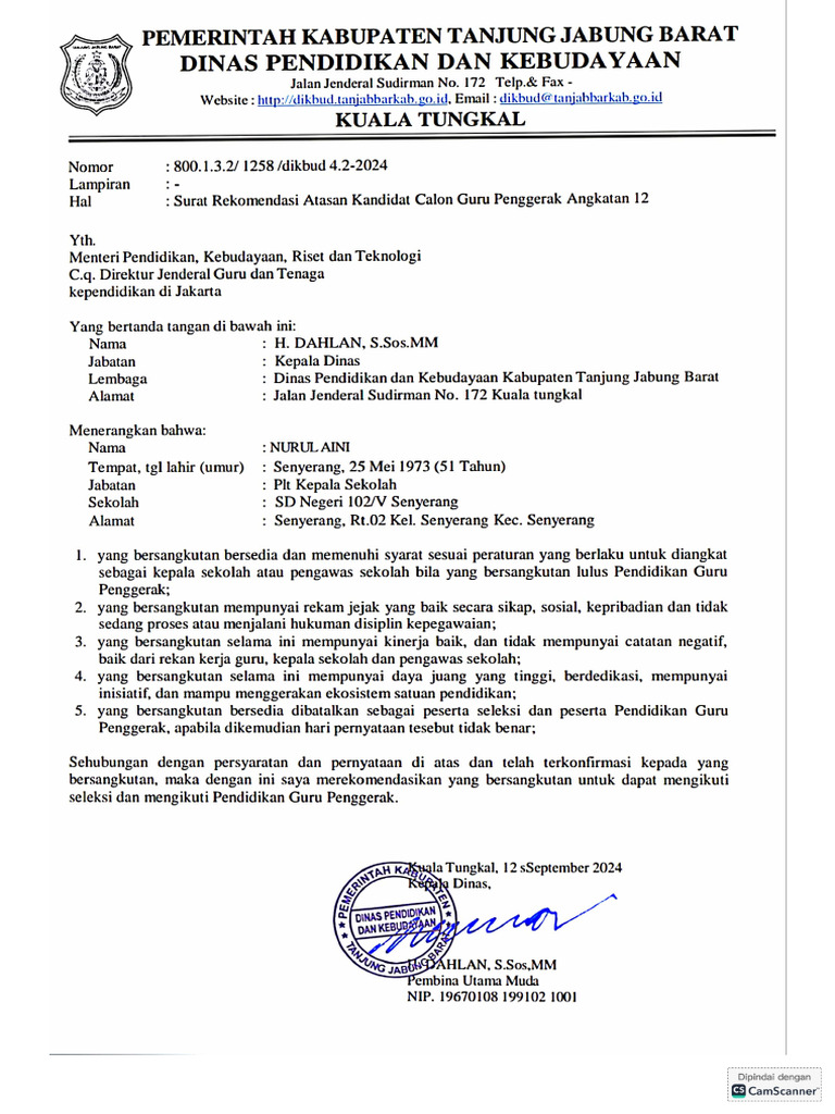 Surat Rekomendasi Nurul Aini S.Ag | PDF