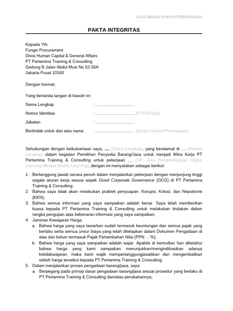 Standar Form Pakta Integritas Personil (Badan Hukum Perorangan) | PDF
