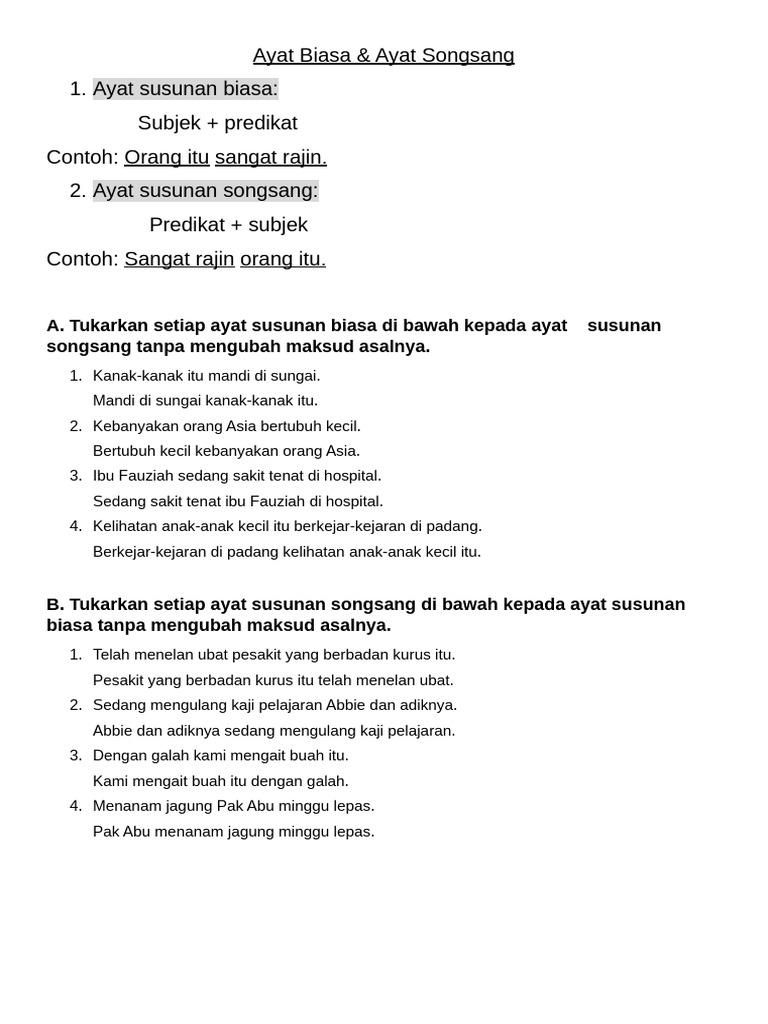 Ayat Biasa Dan Ayat Songsang Jawapan | PDF