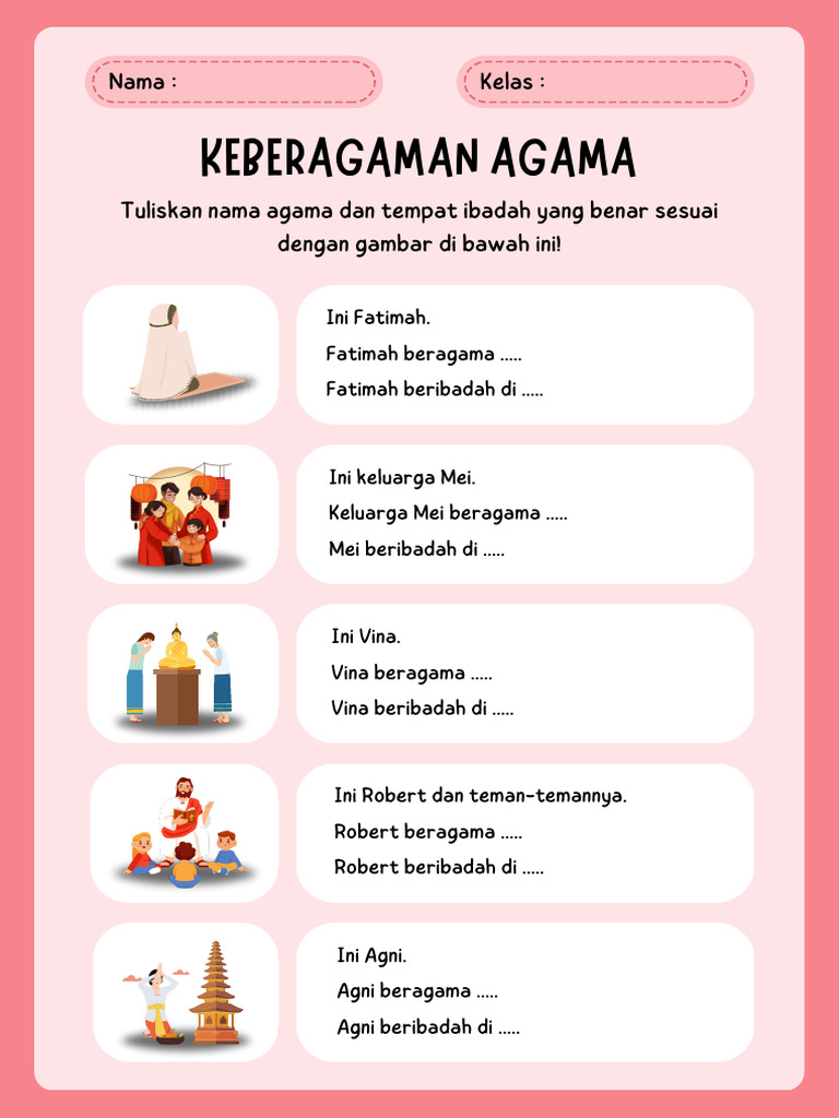 Keberagaman Agama PPKN Kelas 1 Lembar Kerja Poster Pink Ilustratif | PDF