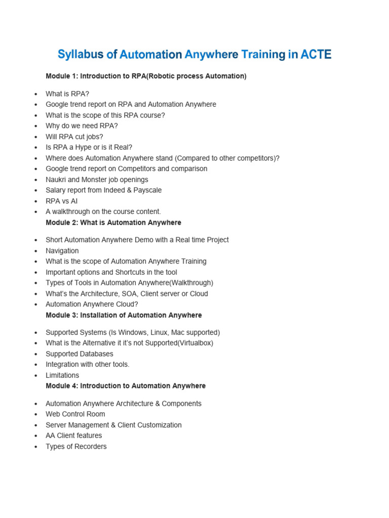 Automation Anywhere Syllabus | PDF | Automation | Microsoft Excel