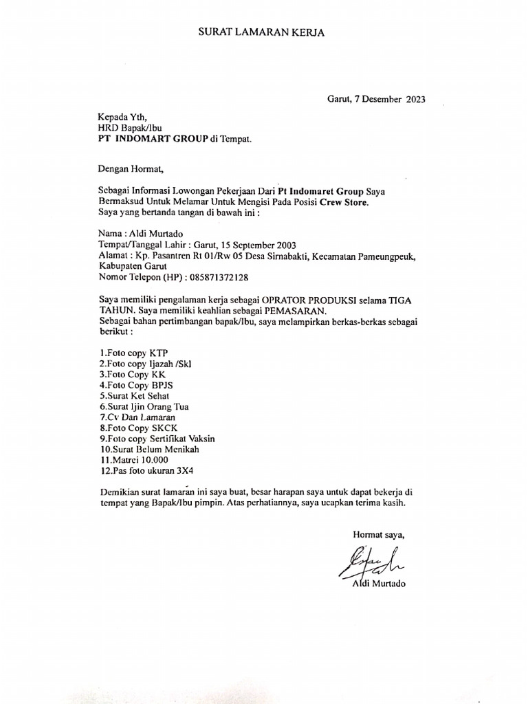 Surat Lamaran Kerja - ALDI MURTADO | PDF