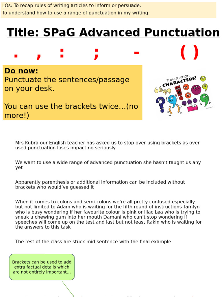Lesson 11 SPaG Advanced Punctuation-1 | PDF | Newspapers | Bracket