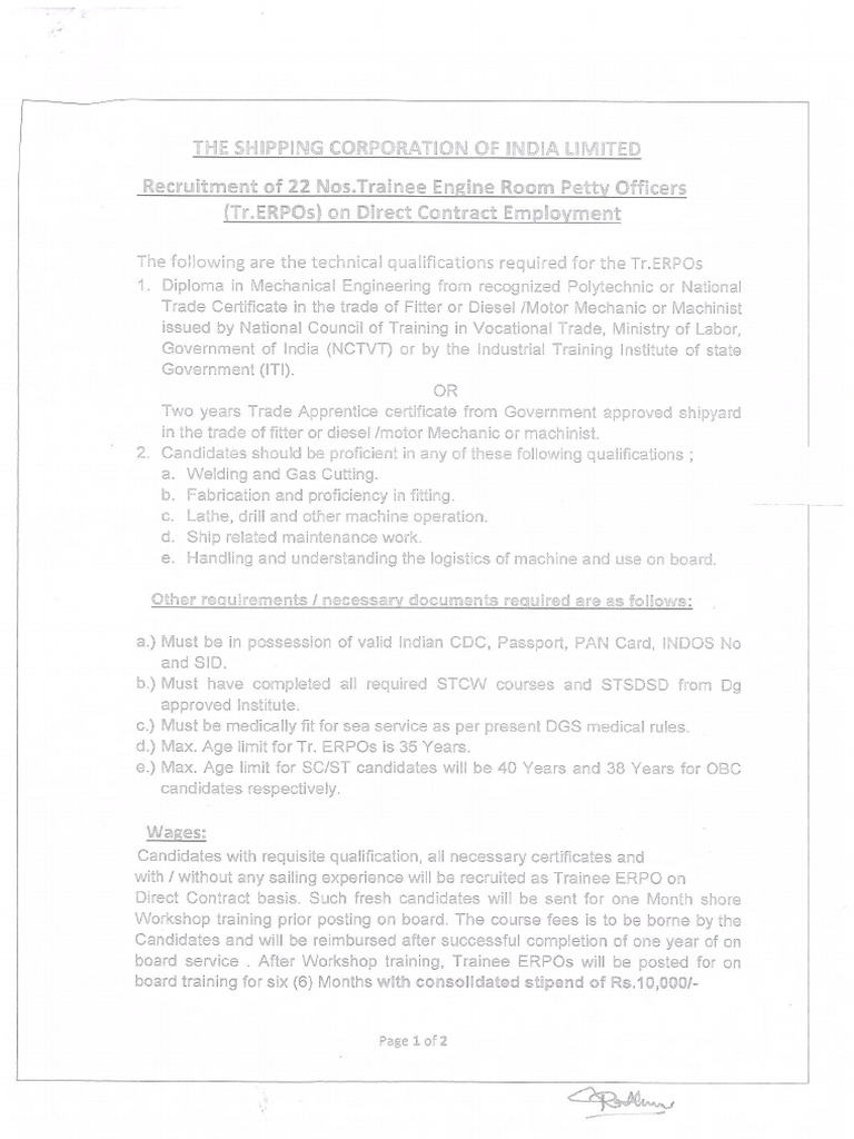 Notification SCI Trainee Engine Room Petty Officer Posts | PDF