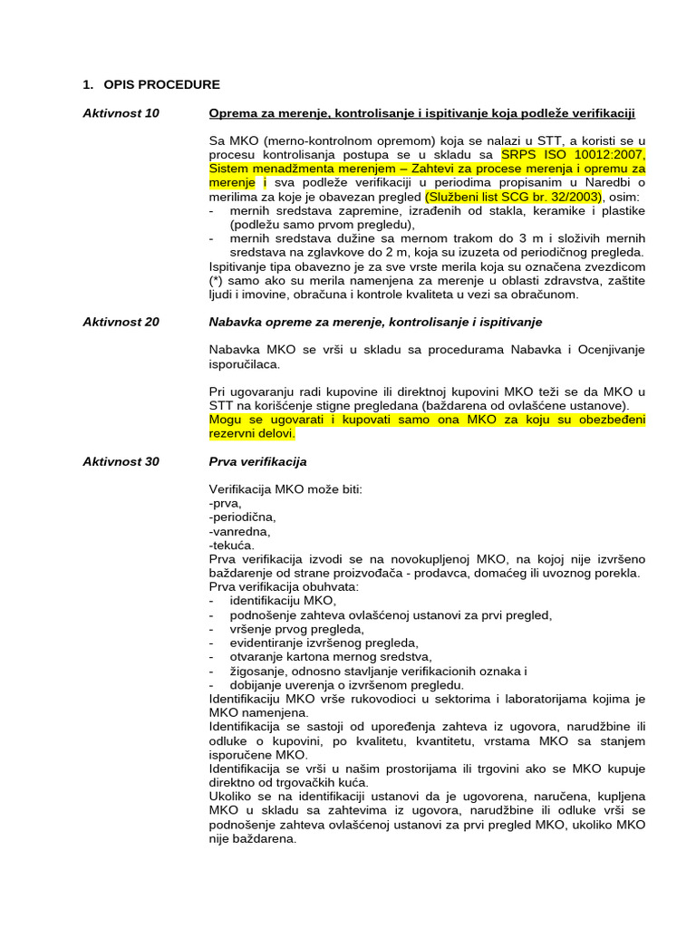 Kontrola Opreme Za Kontrolisanje, Merenje I Ispitivanje. | PDF