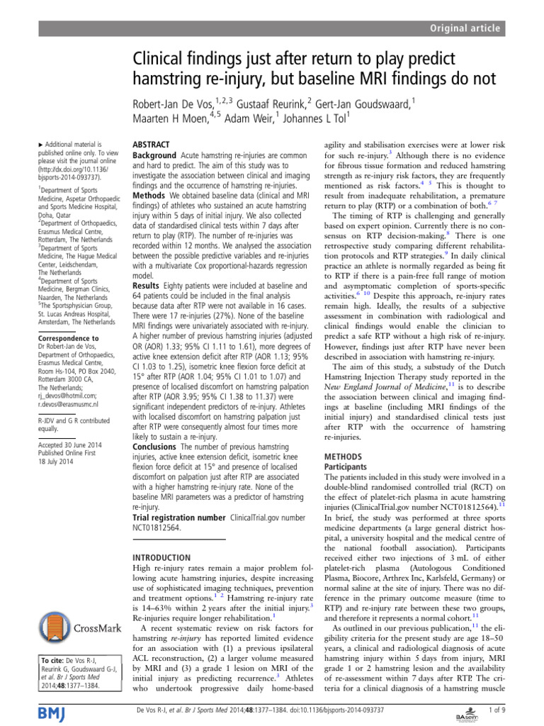 Predictors of Hamstring Re-Injury | PDF | Physical Therapy | Magnetic ...