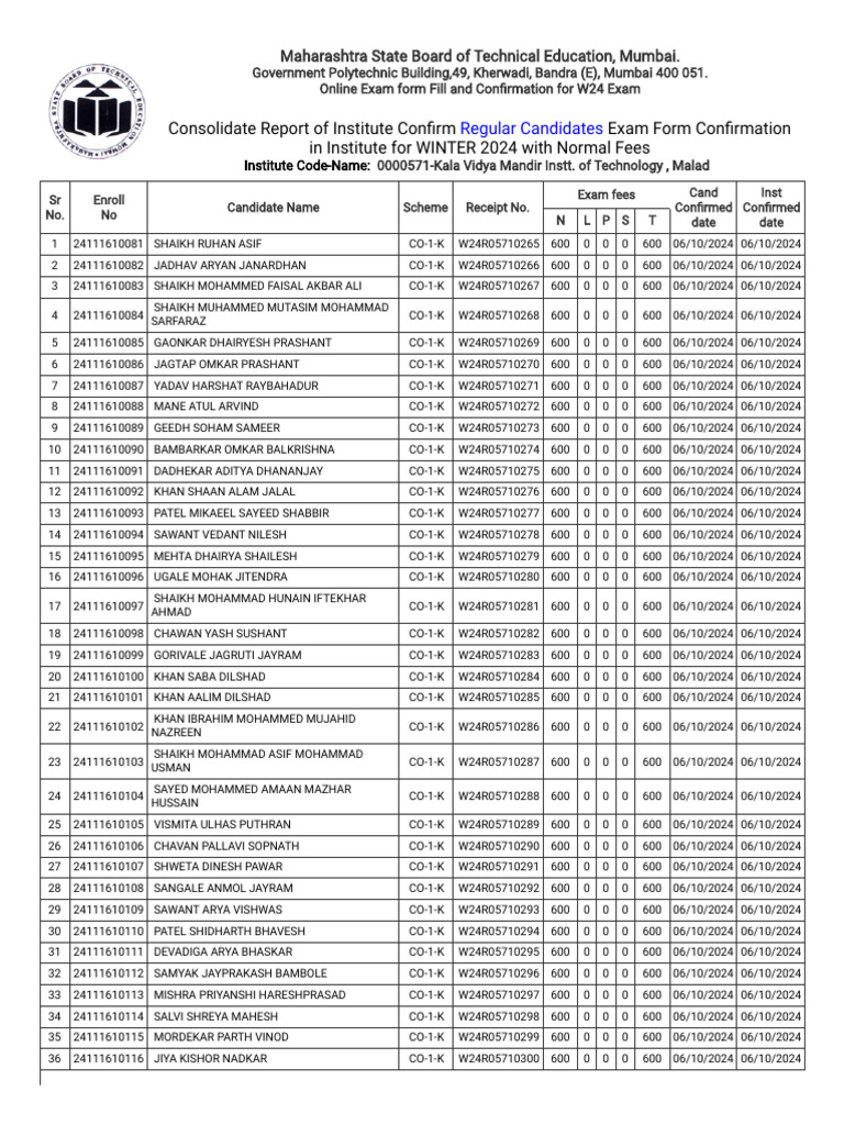 Regular Student Fill and Confirm Exam Fee With Normal Till 7-10-2024 | PDF