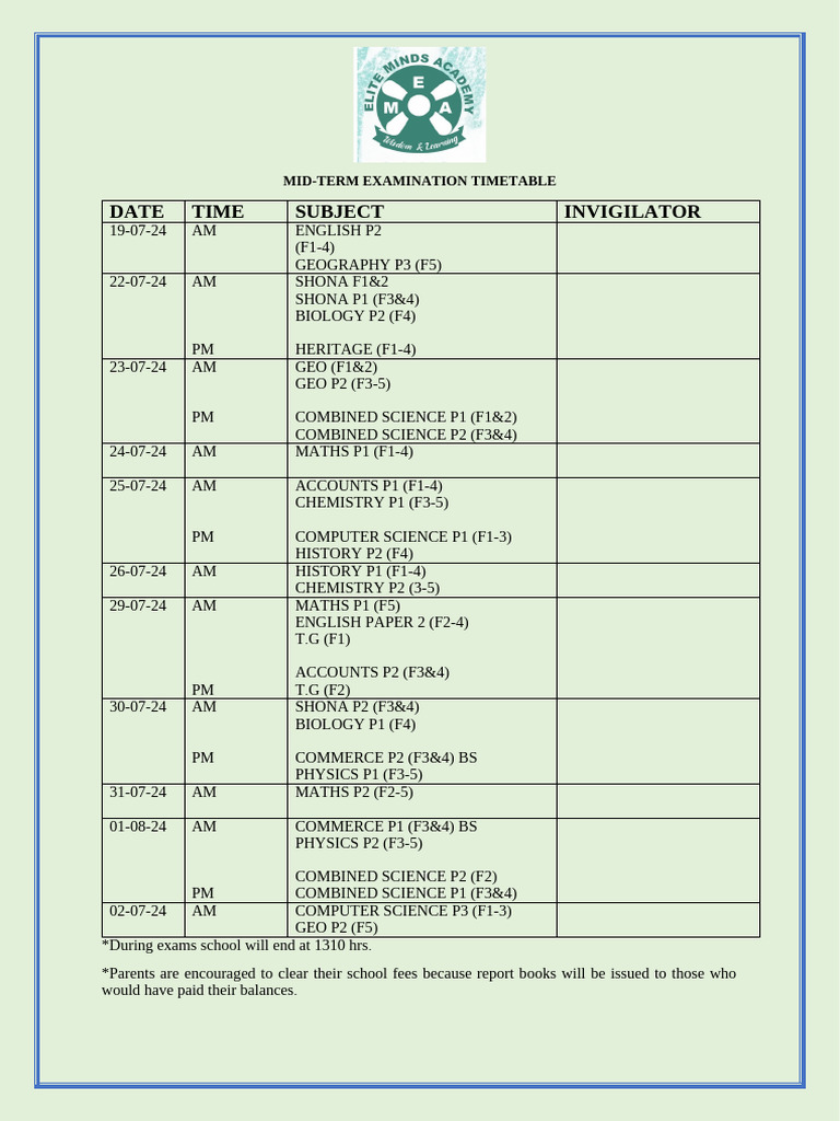 End of Term Timetable and Calender_092145 | PDF