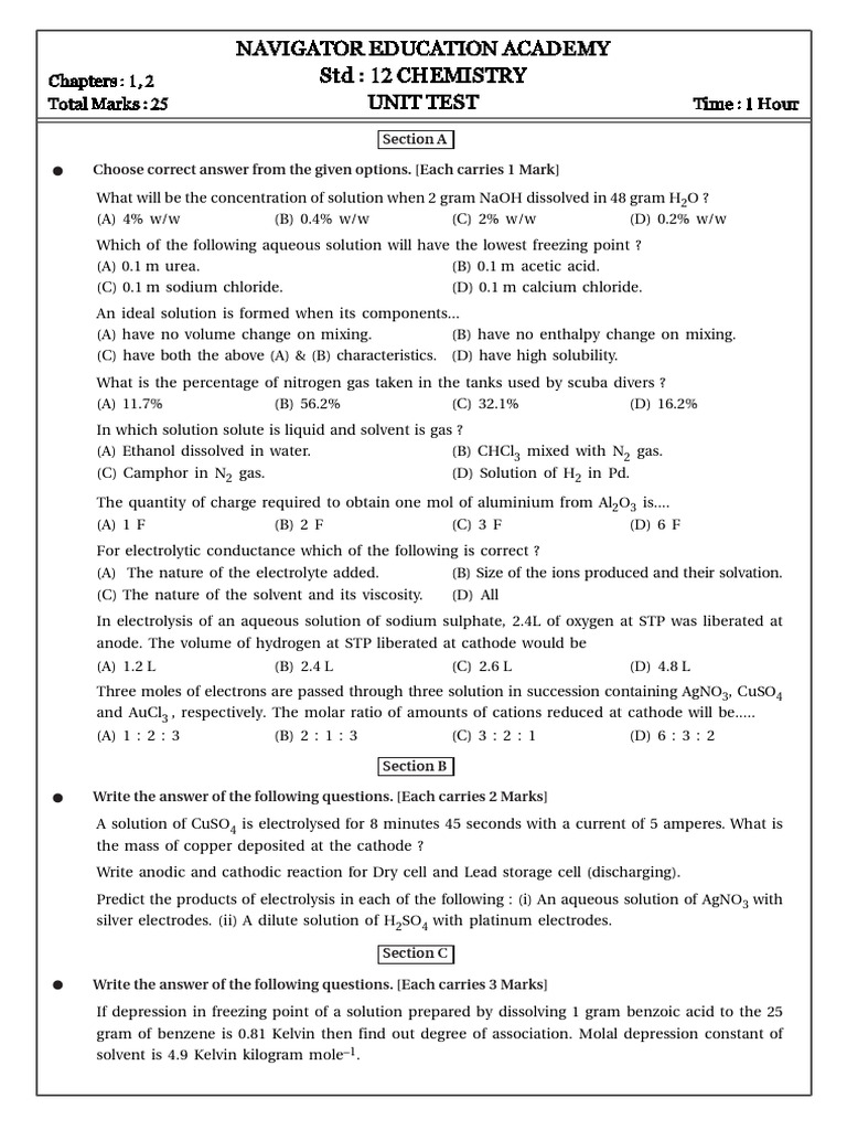 12th Grade Chemistry Unit Test Guide | PDF | Materials | Electrochemistry